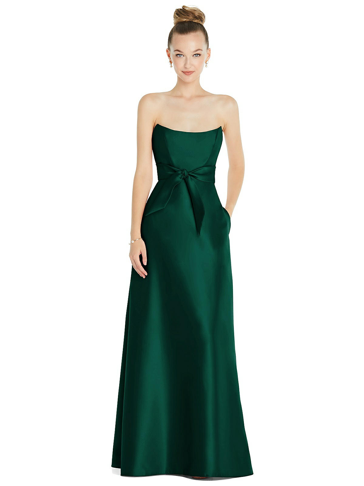 Basque-neck Strapless Satin Bridesmaid Dress With Mini Sash In Hunter ...