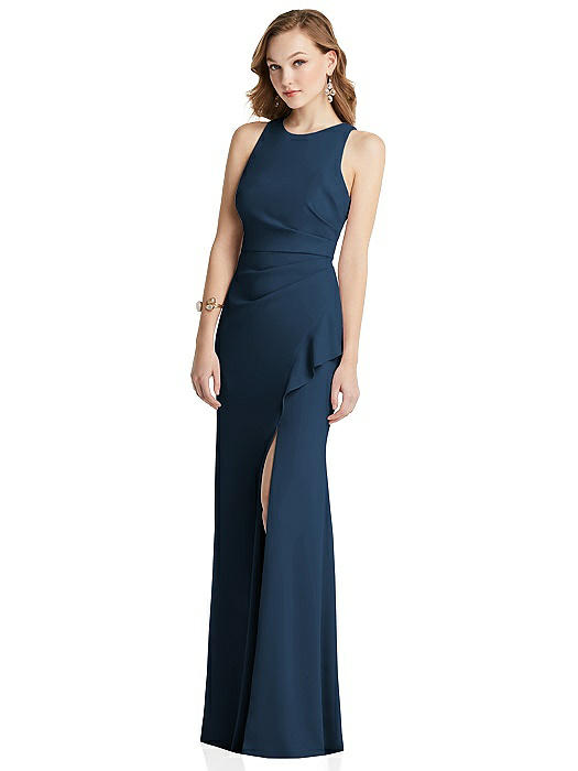 Halter Maxi Dress with Cascade Ruffle Slit | The Dessy Group
