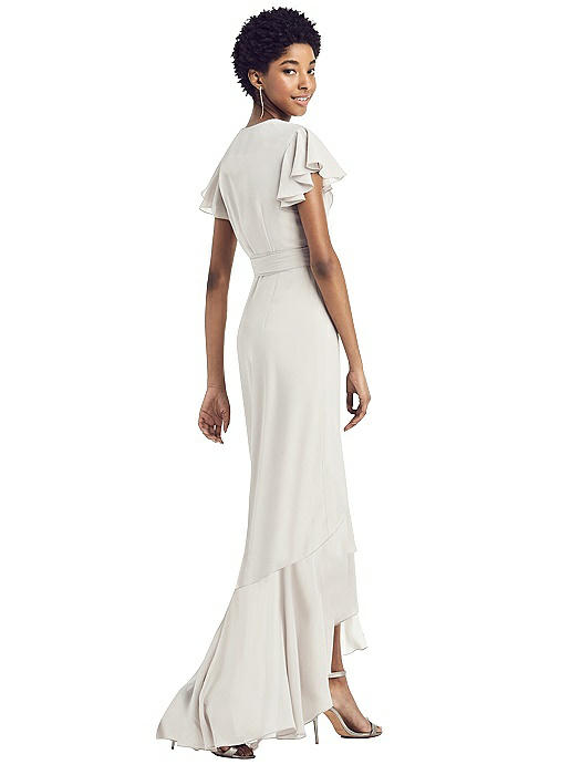 Ruffled High Low Faux Wrap Dress with Flutter Sleeves | The Dessy Group