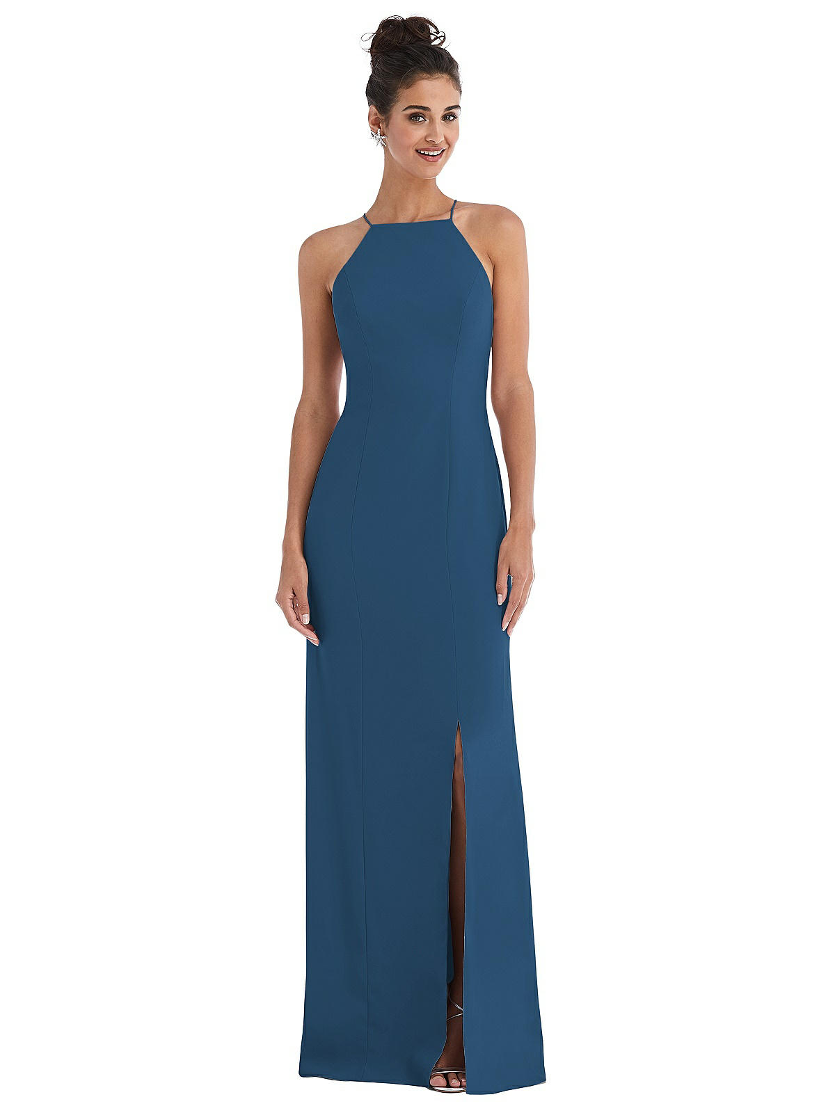 Open-Back High-Neck Halter Trumpet Gown | The Dessy Group