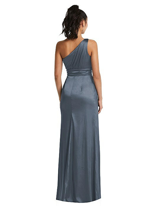 One-Shoulder Draped Satin Maxi Dress | The Dessy Group