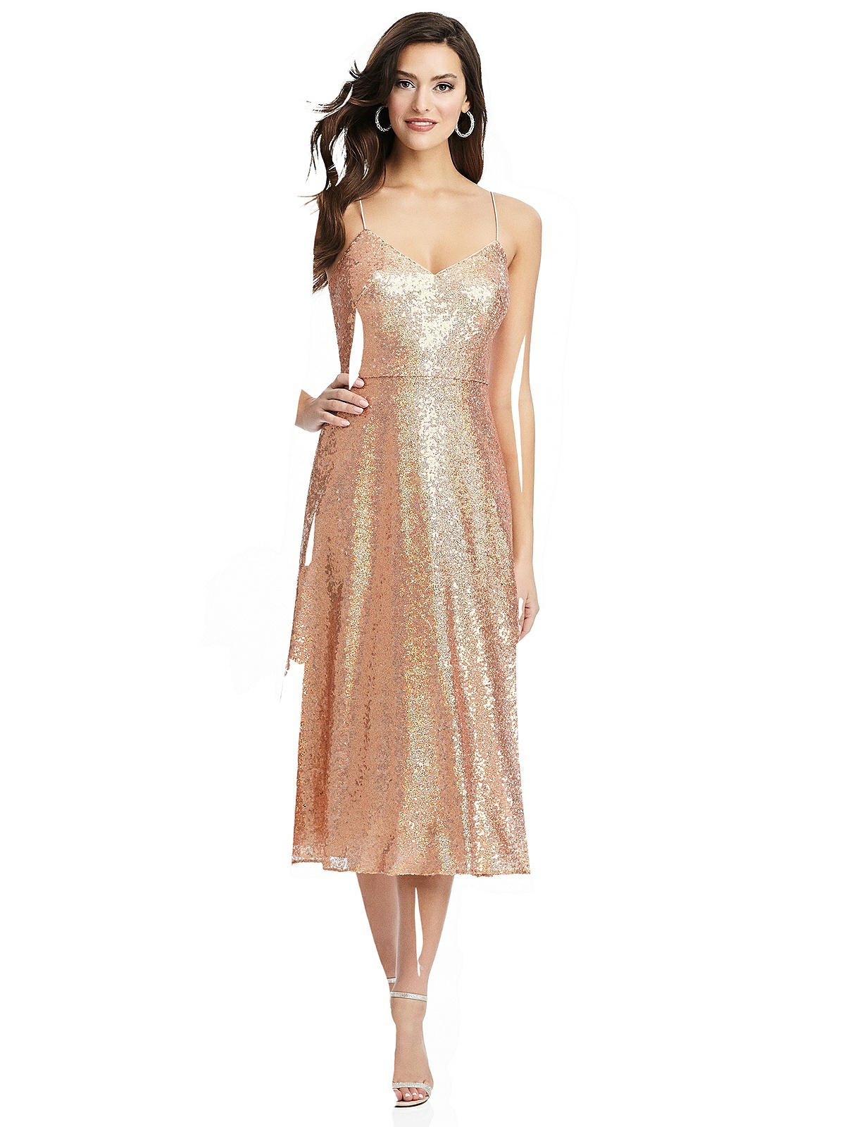 Spaghetti Strap Flared Skirt Sequin Midi Bridesmaid Dress | The Dessy Group
