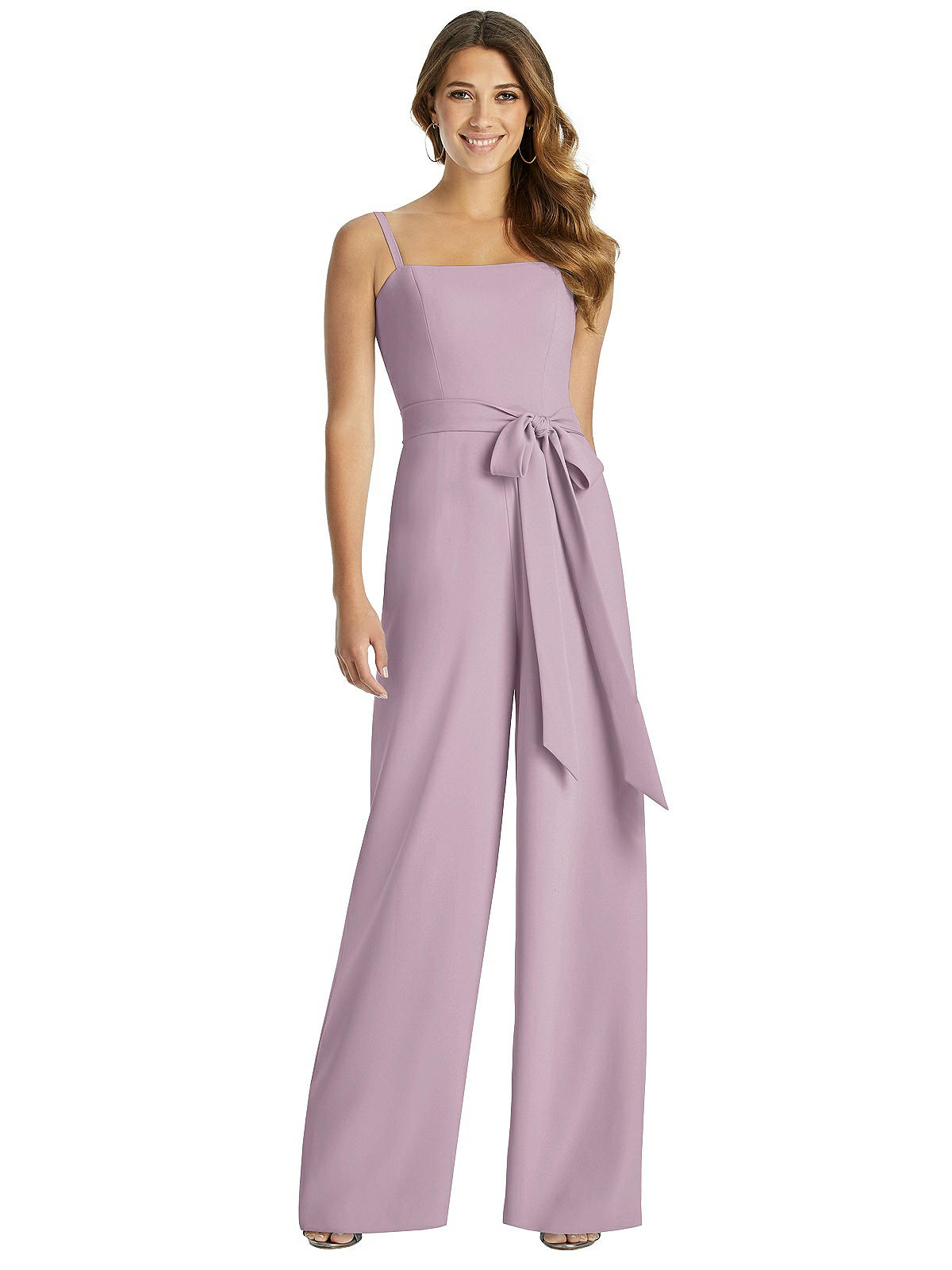 Spaghetti Strap Crepe Jumpsuit With Sash - Alana In Suede Rose | The Dessy Group