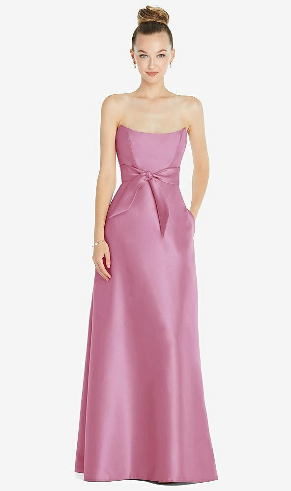Basque-neck Strapless Satin Bridesmaid Dress With Mini Sash In Powder ...