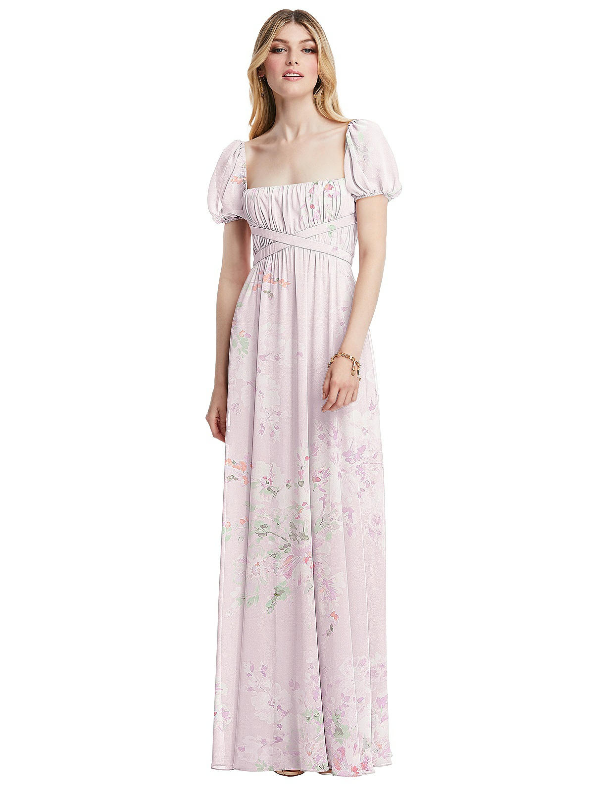 Regency Empire Waist Puff Sleeve Chiffon Maxi Bridesmaid Dress In ...