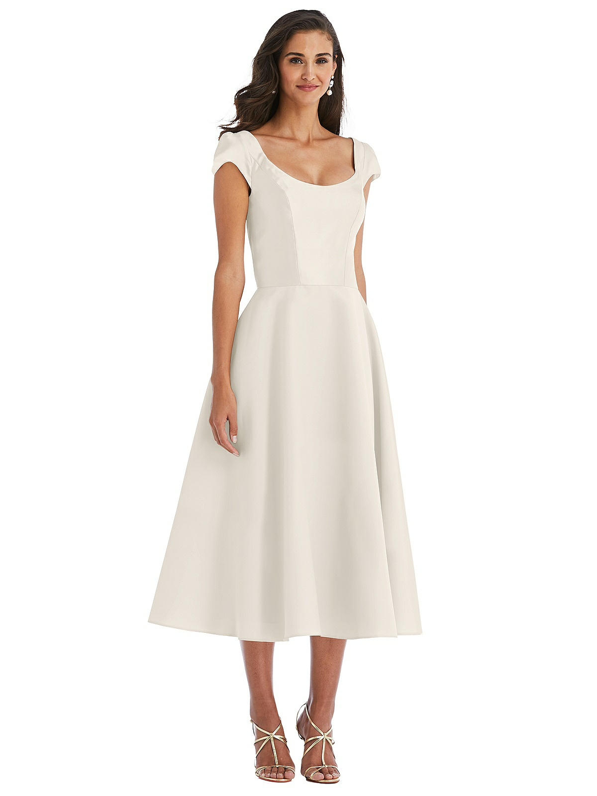 Puff Cap Sleeve Full Skirt Satin Midi Bridesmaid Dress In Ivory | The ...