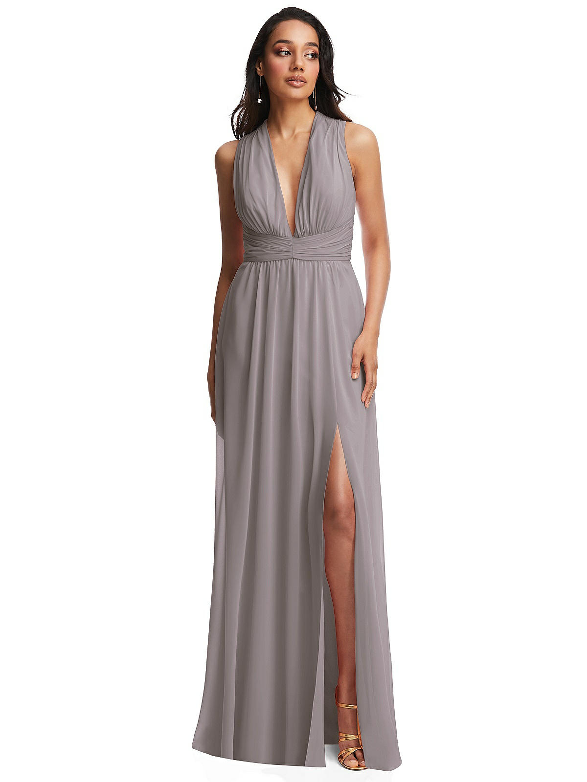 Shirred Deep Plunge Neck Closed Back Chiffon Maxi Bridesmaid Dress In ...