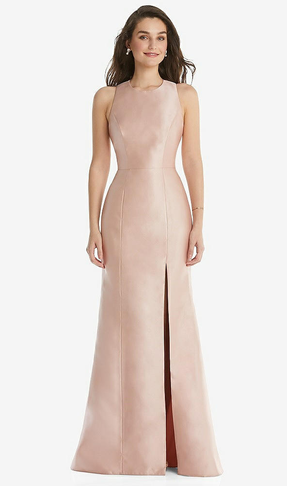 Jewel Neck Bowed Open-back Trumpet Bridesmaid Dress With Front Slit In ...