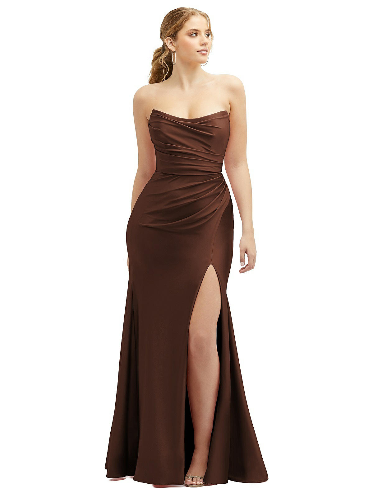 Strapless Basque-neck Draped Stretch Satin Mermaid Bridesmaid Dress ...