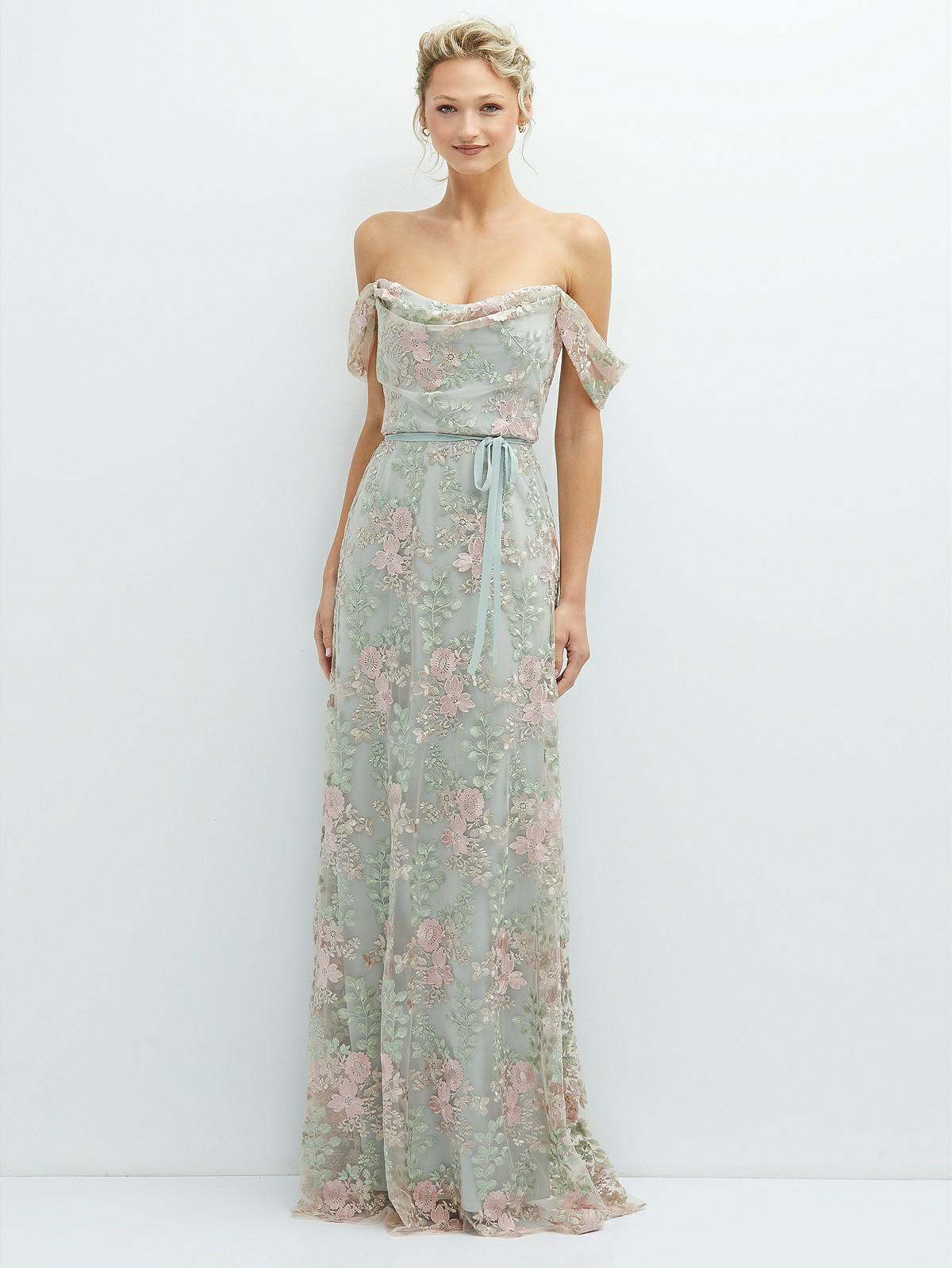 Off-the-shoulder A-line Floral Embroidered Bridesmaid Dress With Skinny ...