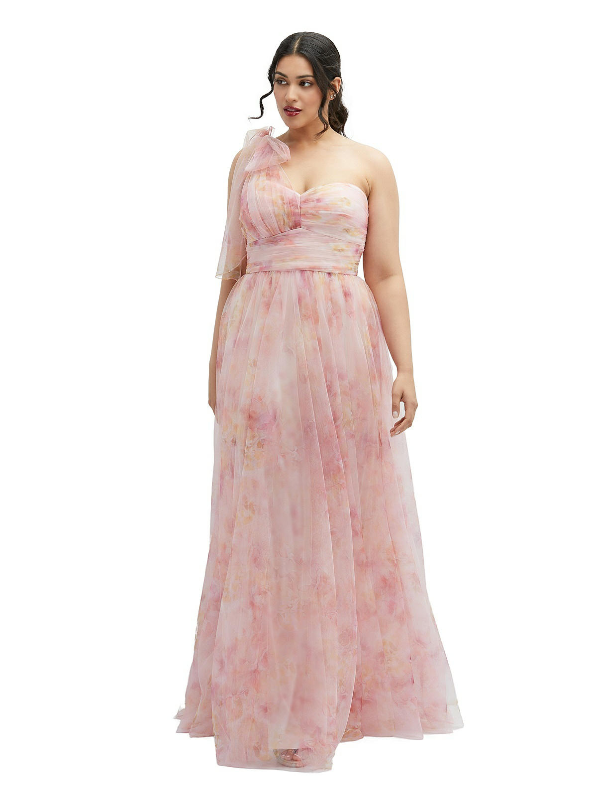Floral Scarf Tie One-shoulder Tulle Bridesmaid Dress With Long Full ...