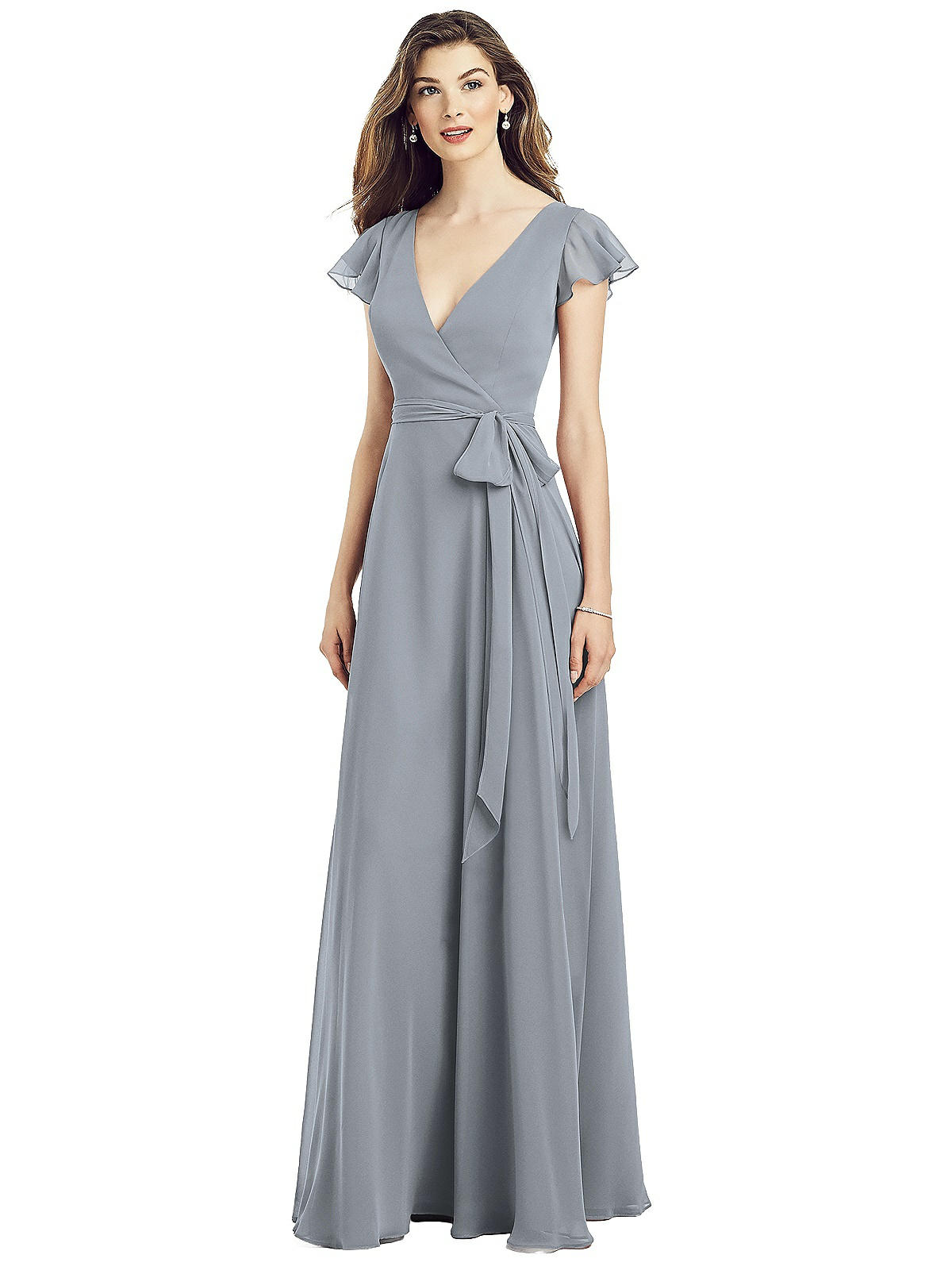 Flutter Sleeve Faux Wrap Chiffon Bridesmaid Dress In Platinum | The ...