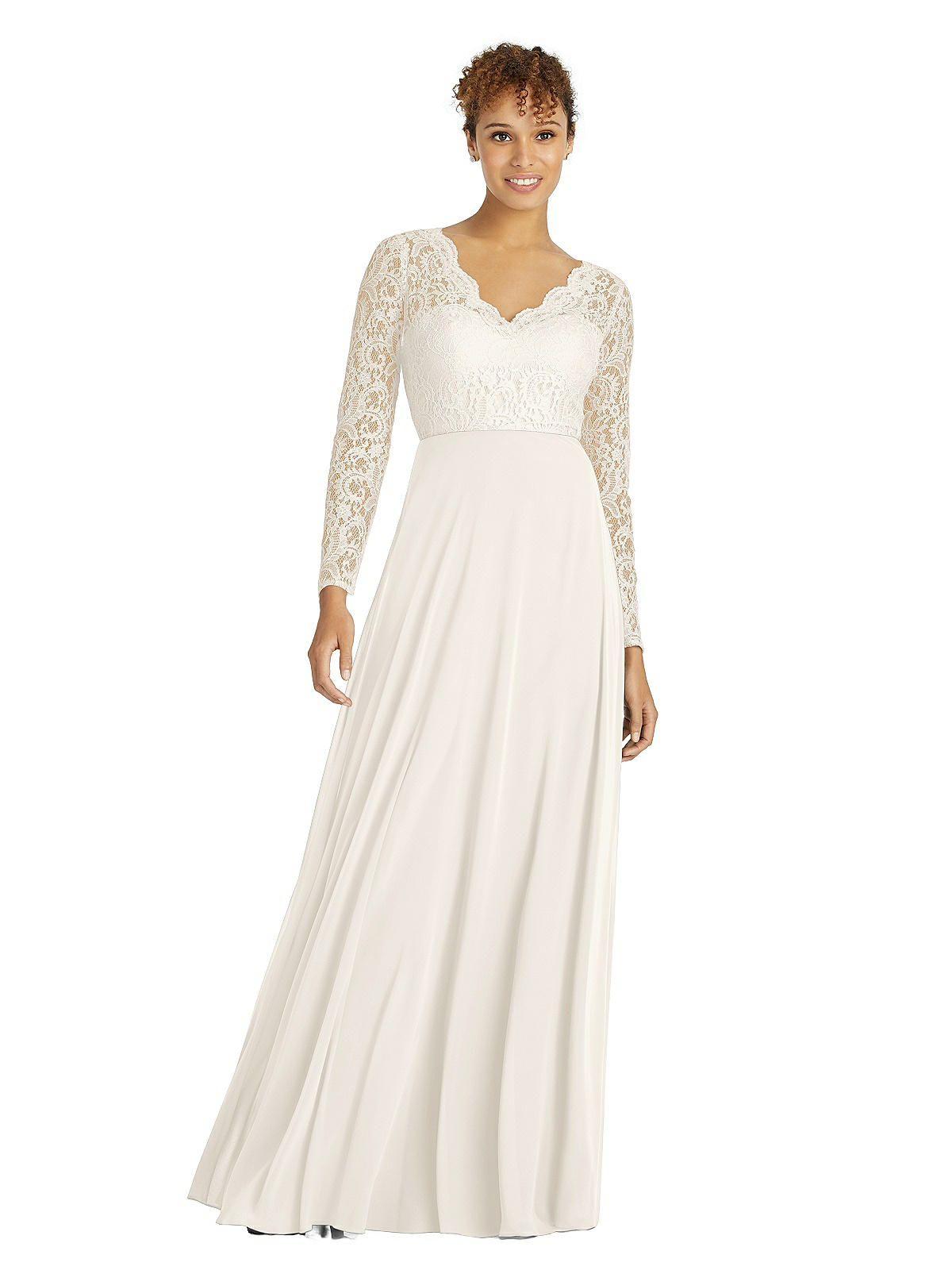 Long Sleeve Illusion-back Lace And Chiffon Bridesmaid Dress In Ivory ...