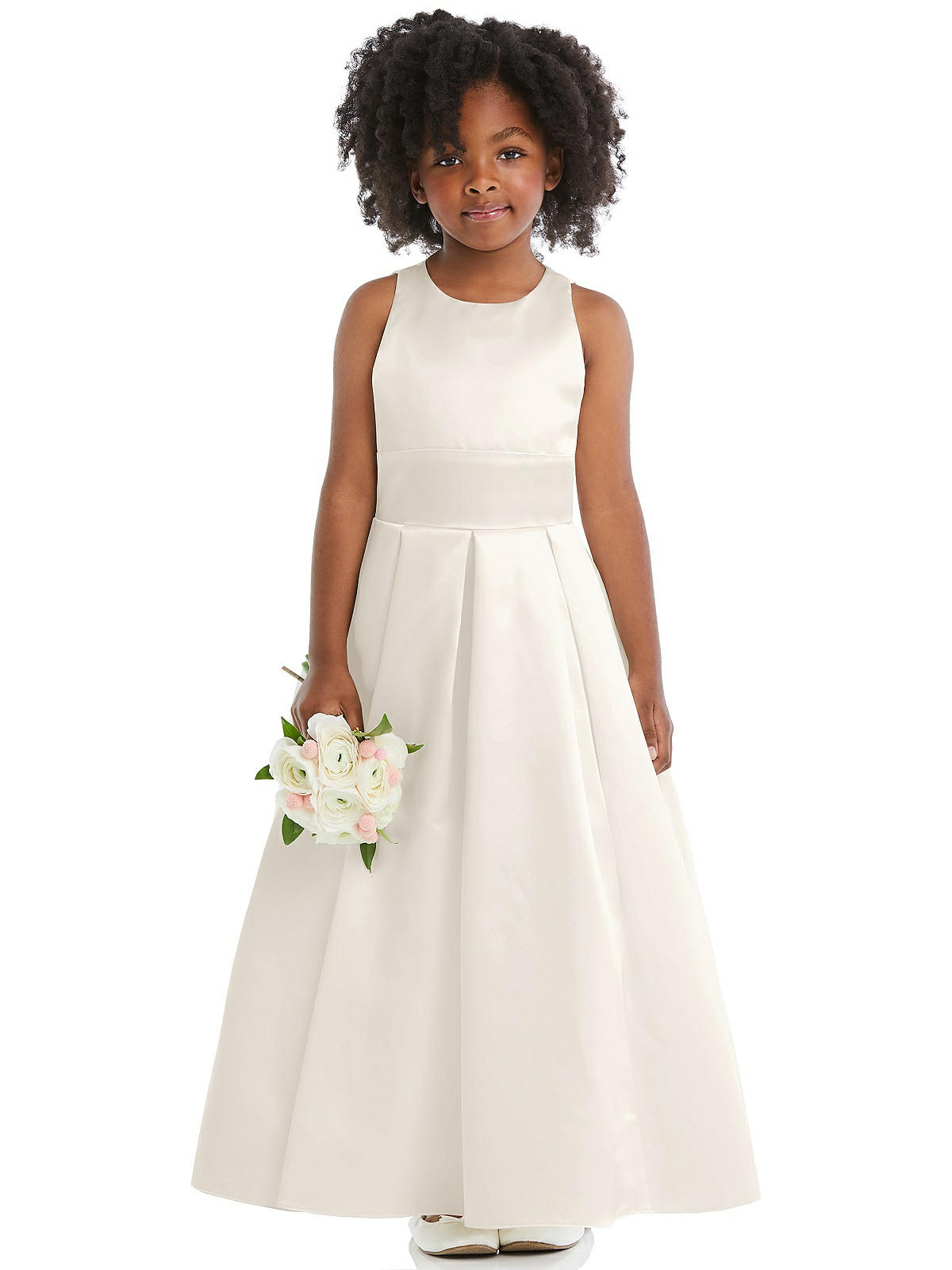 Sleeveless Pleated Skirt Satin Flower Girl Dress In Ivory | The Dessy Group
