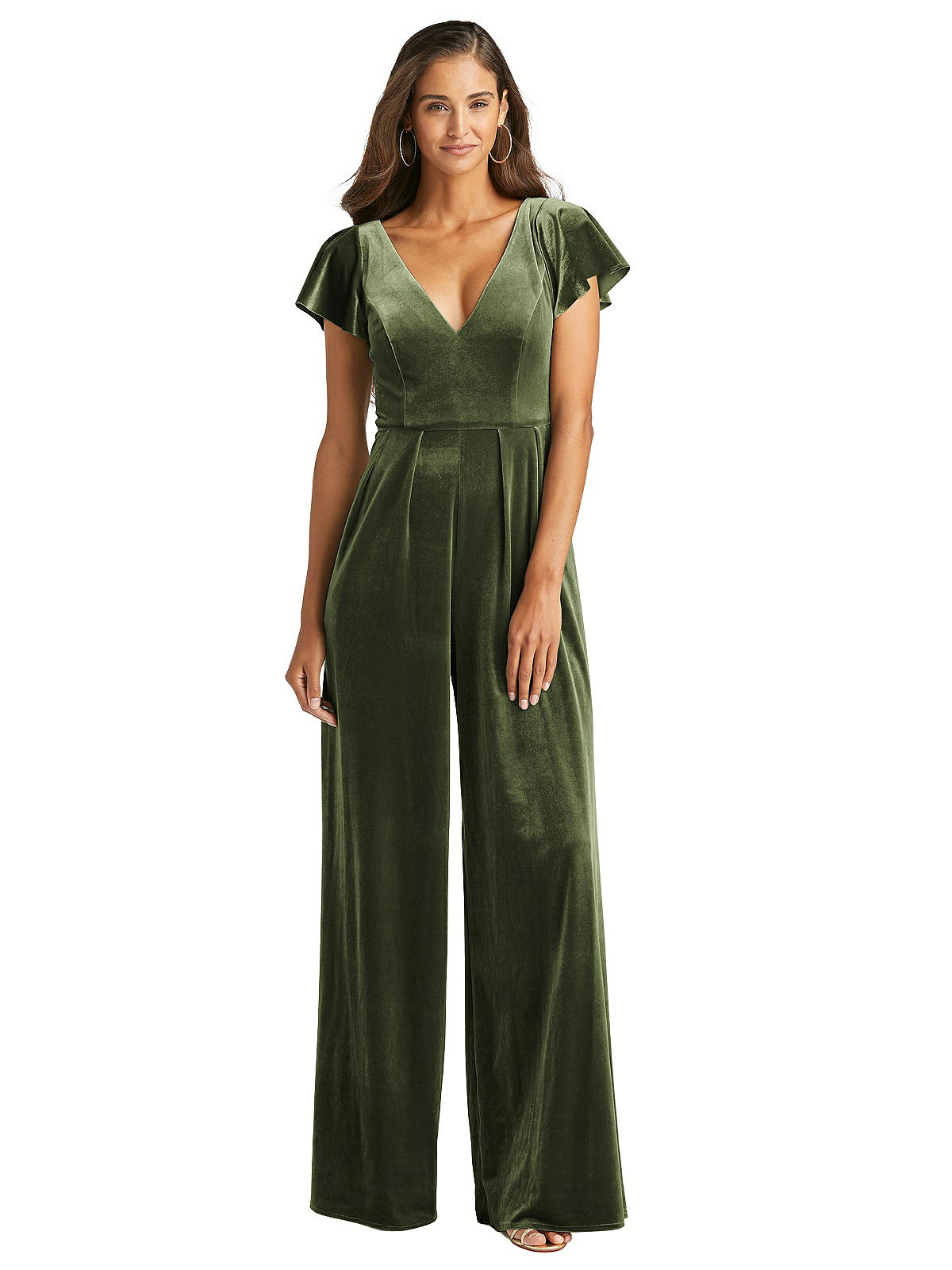 Flutter Sleeve Velvet Jumpsuit With Pockets In Olive Green | The Dessy ...