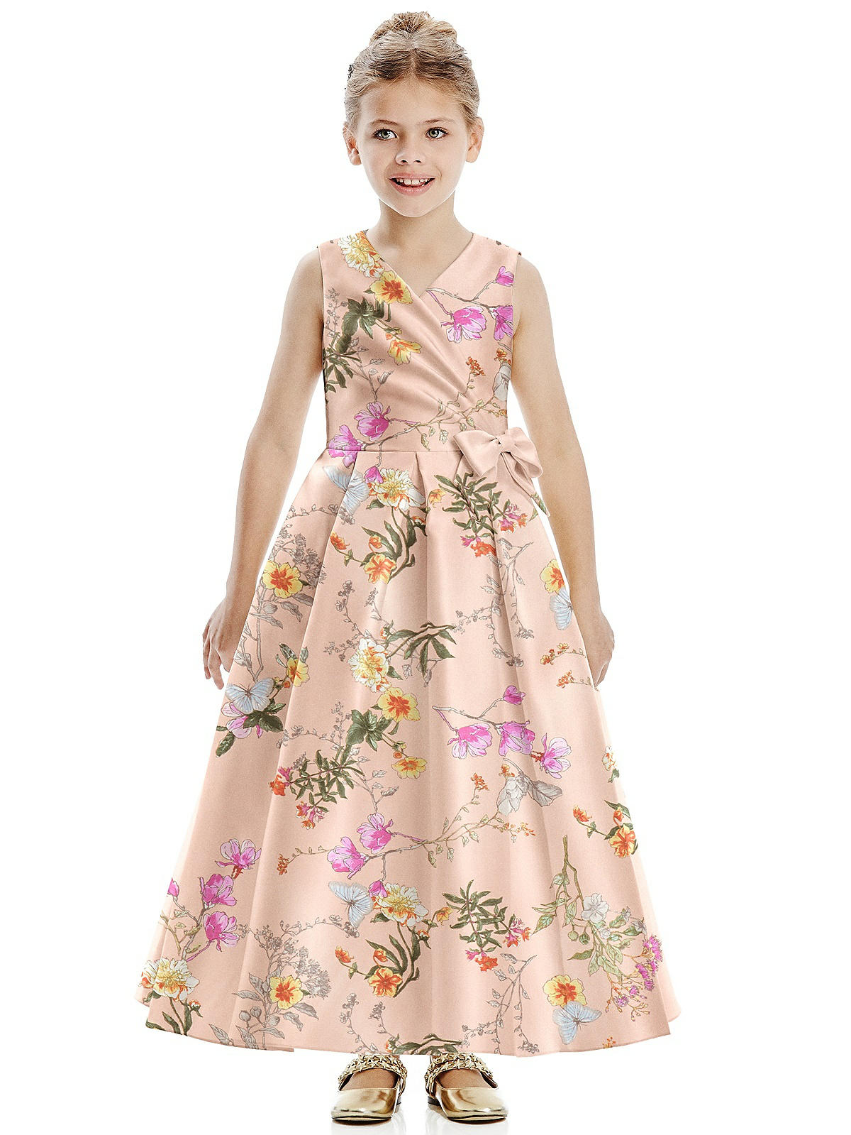 Floral Faux Wrap Pleated Skirt Satin Flower Girl Dress With Bow In ...