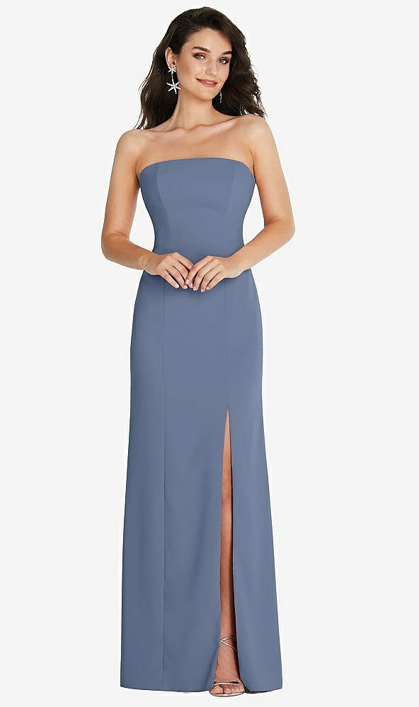 Strapless Scoop Back Maxi Bridesmaid Dress With Front Slit In Larkspur ...