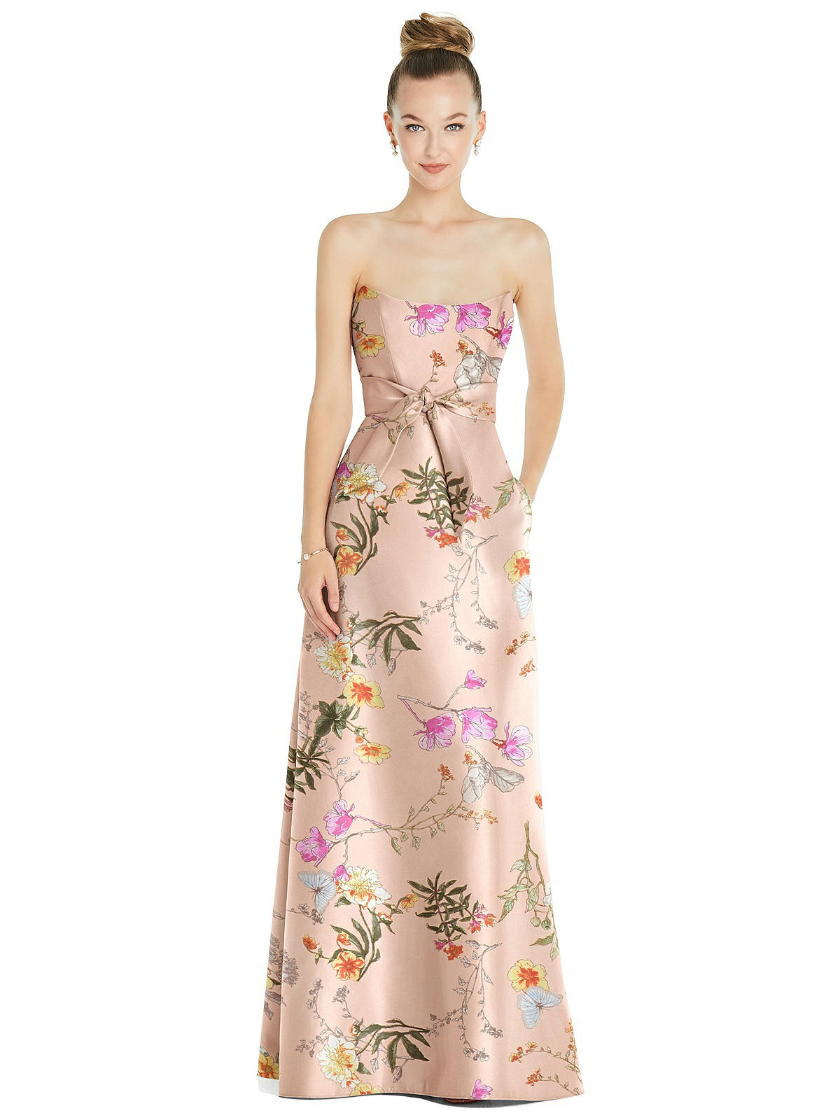 Basque-neck Strapless Floral Satin Bridesmaid Dress With Mini Sash In ...