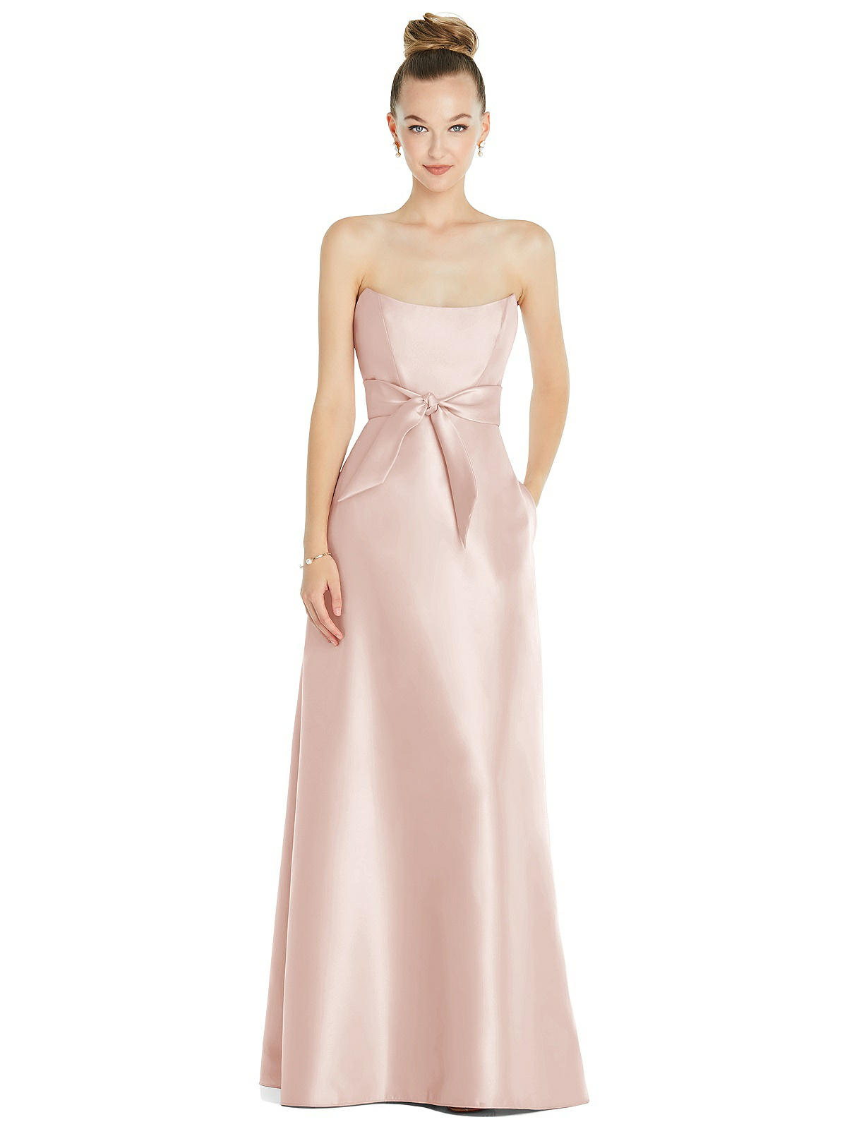 Basque-neck Strapless Satin Bridesmaid Dress With Mini Sash In Blush ...