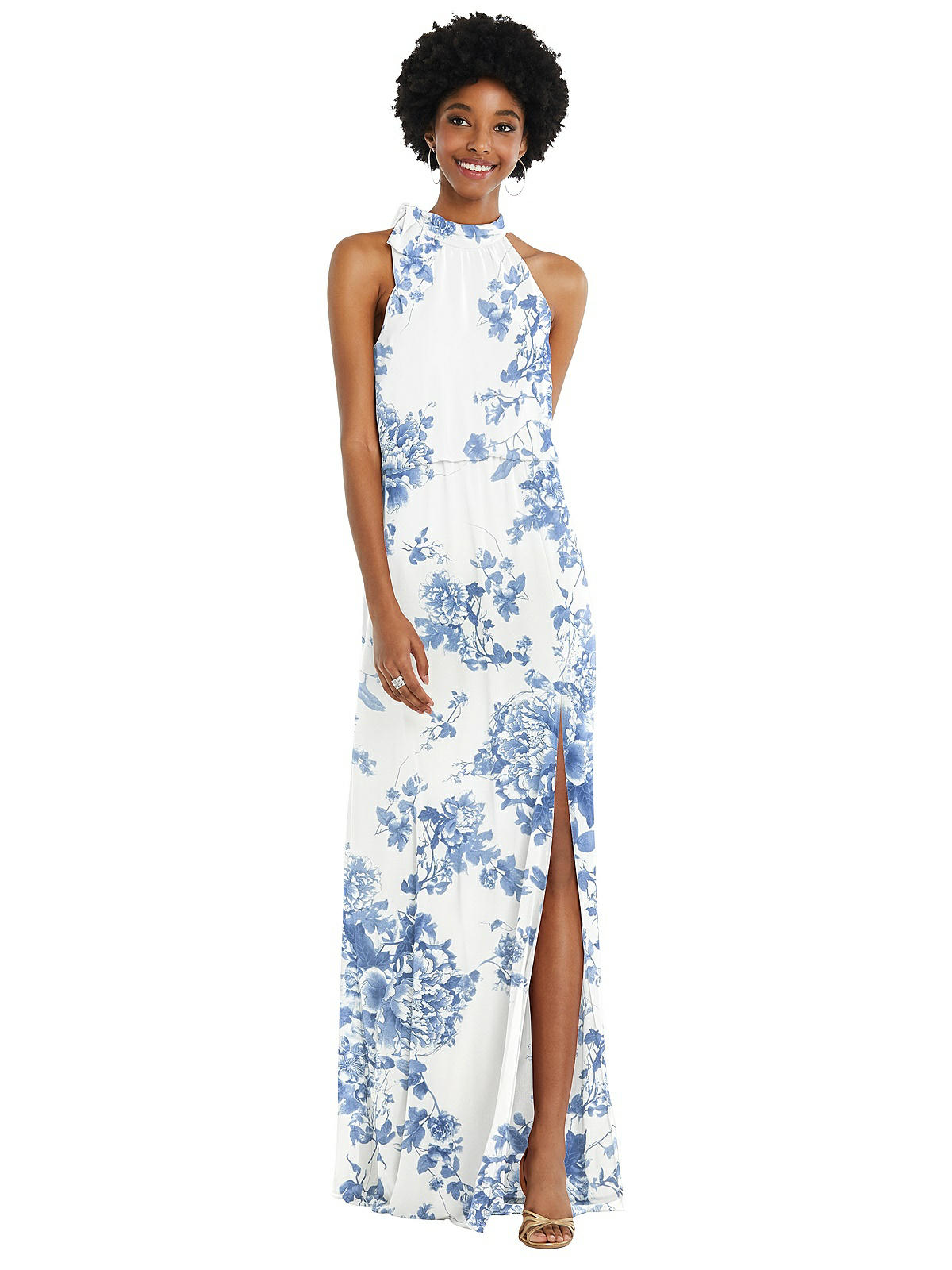 Scarf Tie High Neck Blouson Bodice Maxi Bridesmaid Dress With Front Slit In Cottage Rose Dusk ...