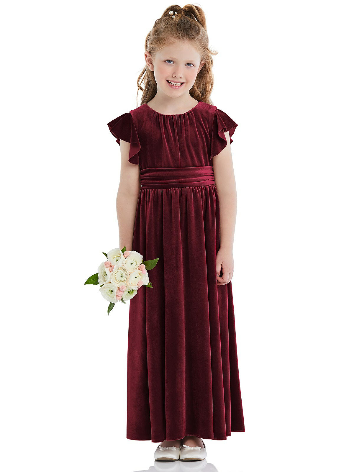 Ruched Flutter Sleeve Velvet Flower Girl Dress With Sash In Cabernet ...