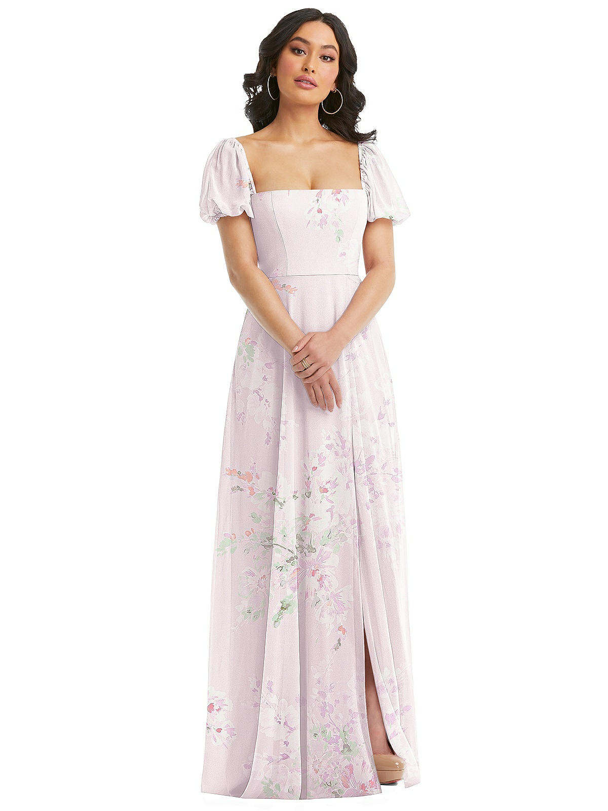 Puff Sleeve Chiffon Maxi Bridesmaid Dress With Front Slit In Watercolor ...