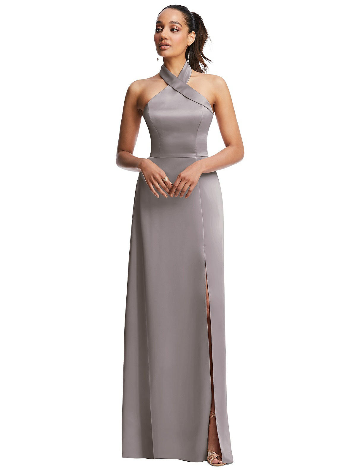 Shawl Collar Open-back Halter Maxi Bridesmaid Dress With Pockets In ...