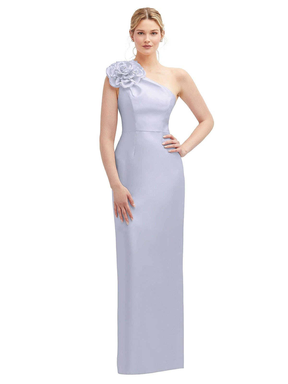 Oversized Flower One-shoulder Satin Column Bridesmaid Dress In Silver ...