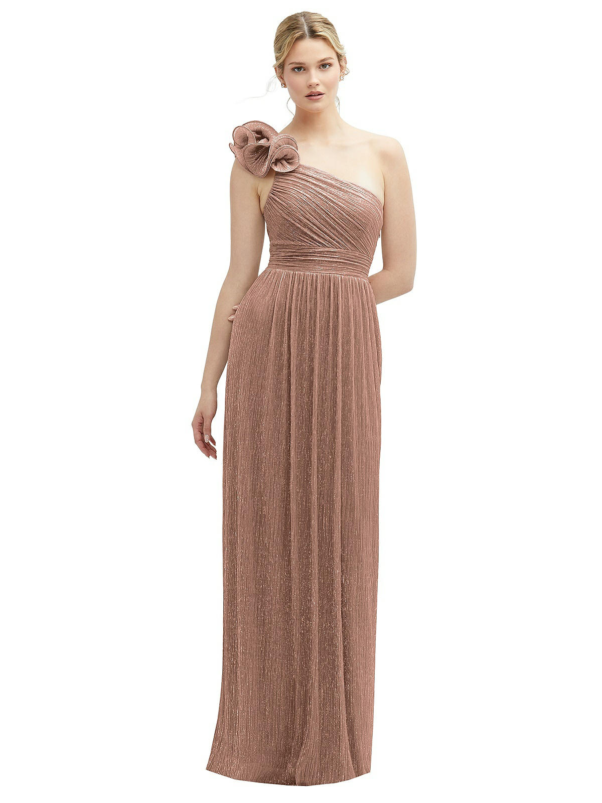 Dramatic Ruffle Edge One-shoulder Metallic Pleated Maxi Bridesmaid ...