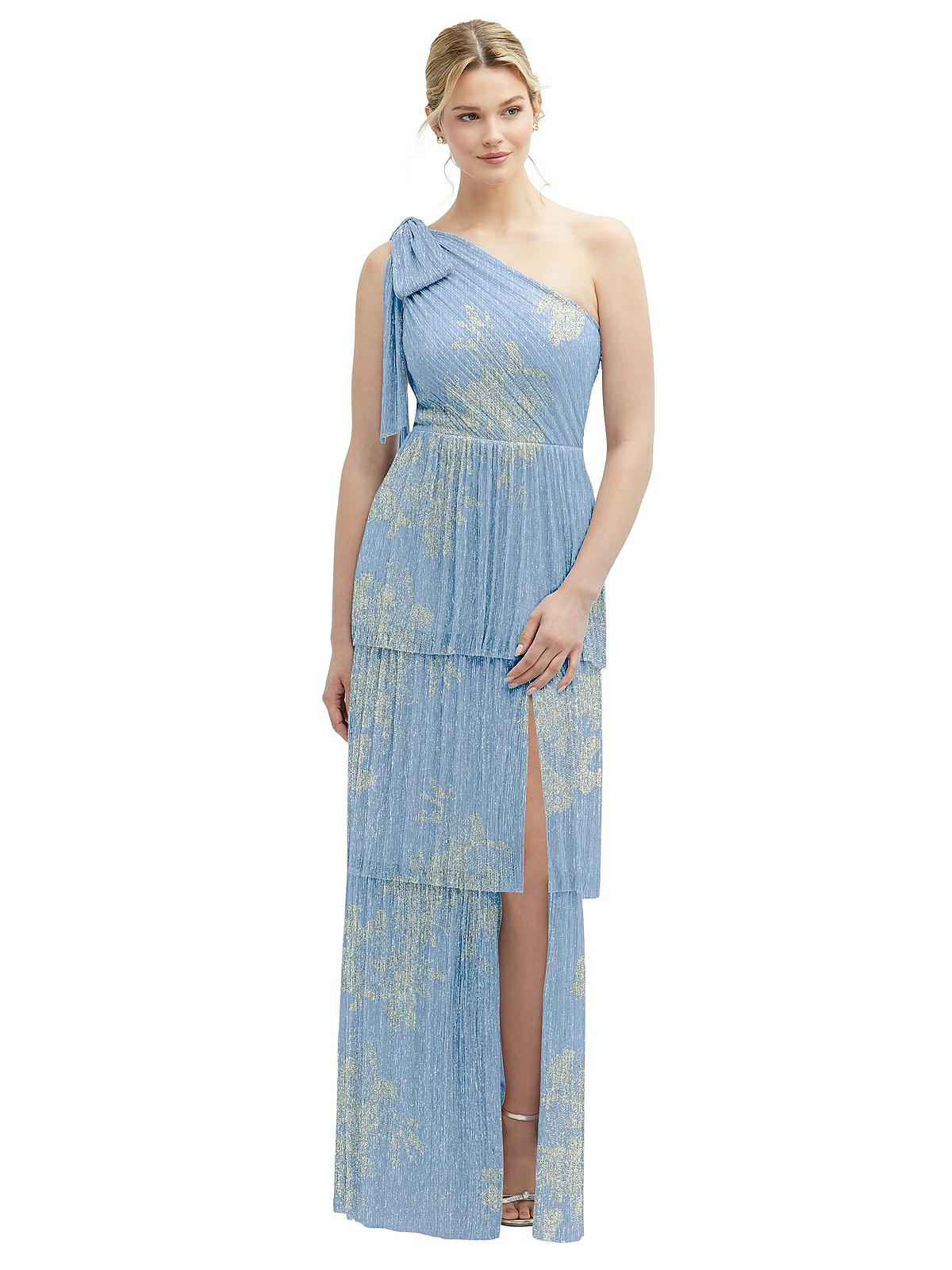 Tiered Skirt Metallic Pleated One-shoulder Bow Bridesmaid Dress With ...