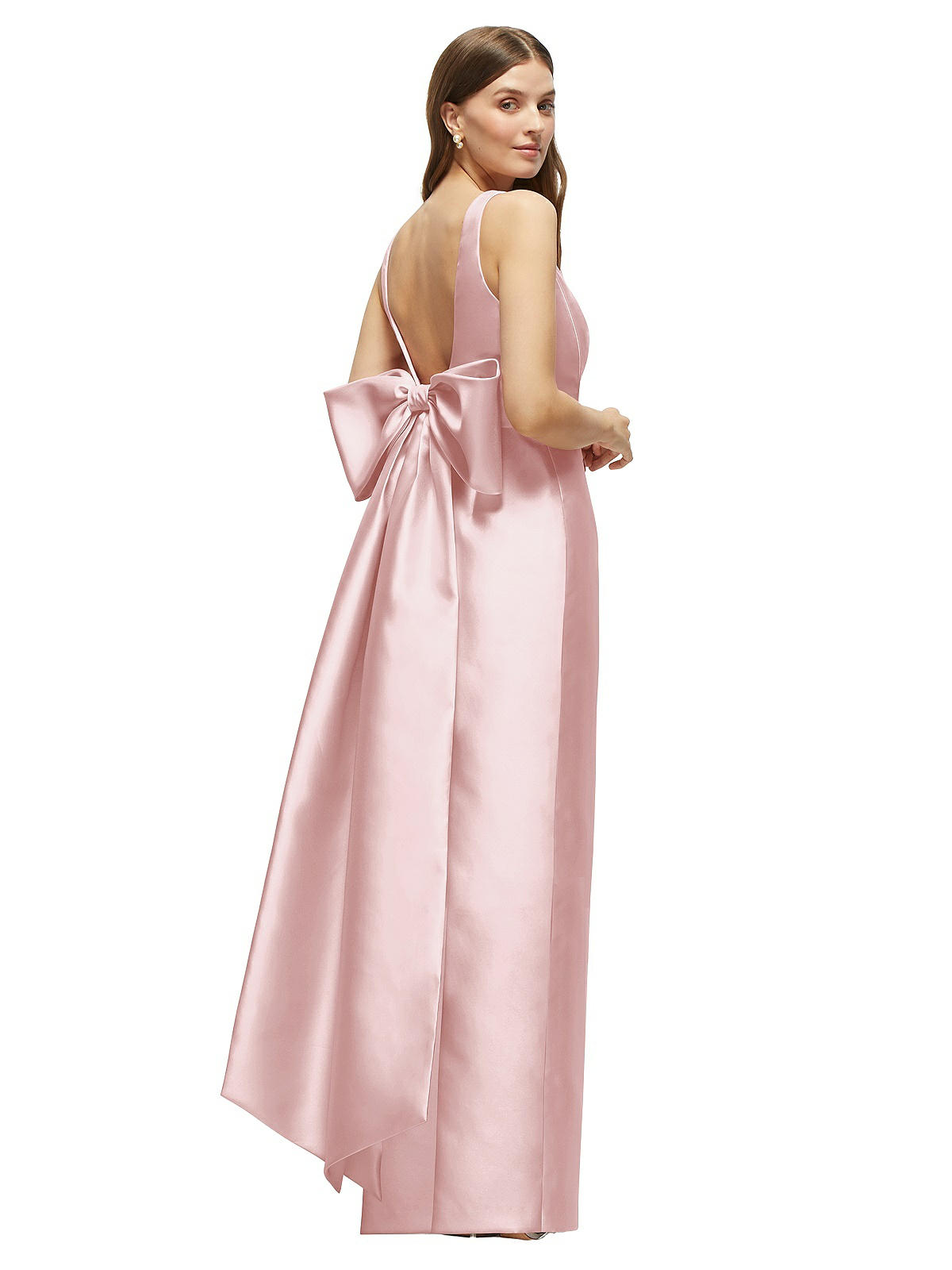 Scoop Neck Corset Satin Maxi Bridesmaid Dress With Floor-length Bow Tails In Ballet Pink | The ...