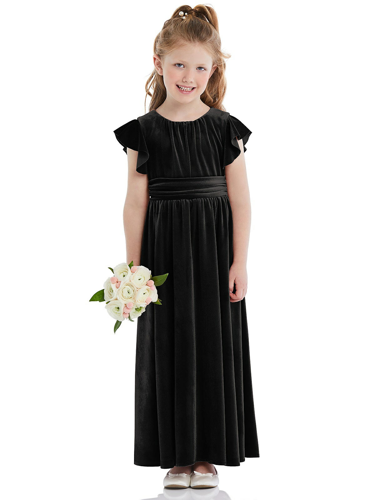 Ruched Flutter Sleeve Velvet Flower Girl Dress With Sash In Black | The ...