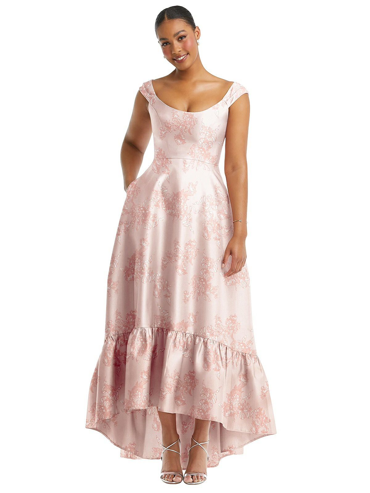 Cap Sleeve Deep Ruffle Hem Floral High Low Bridesmaid Dress With ...