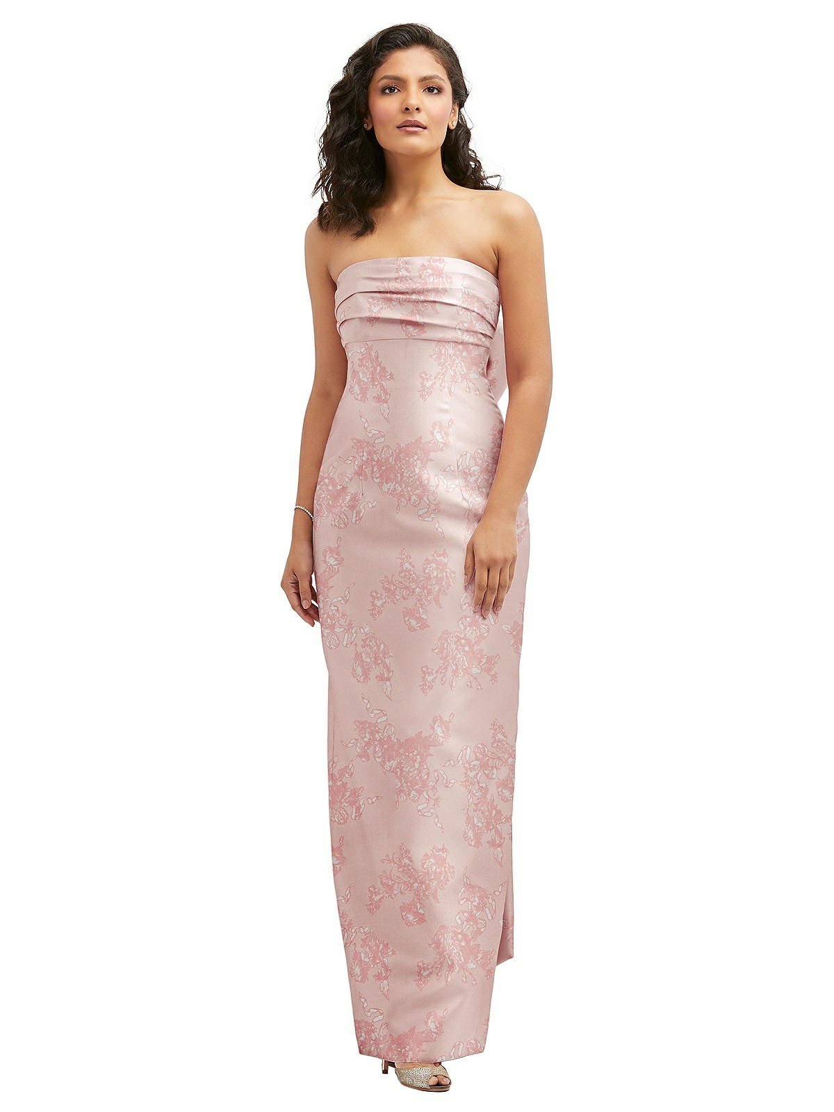 Floral Strapless Draped Bodice Column Bridesmaid Dress With Oversized ...