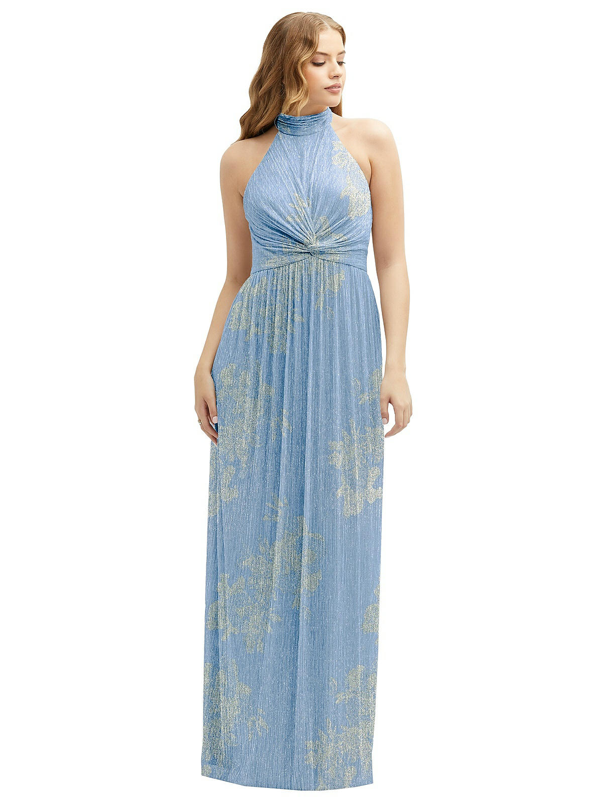 Band Collar Halter Open-back Metallic Pleated Maxi Bridesmaid Dress ...