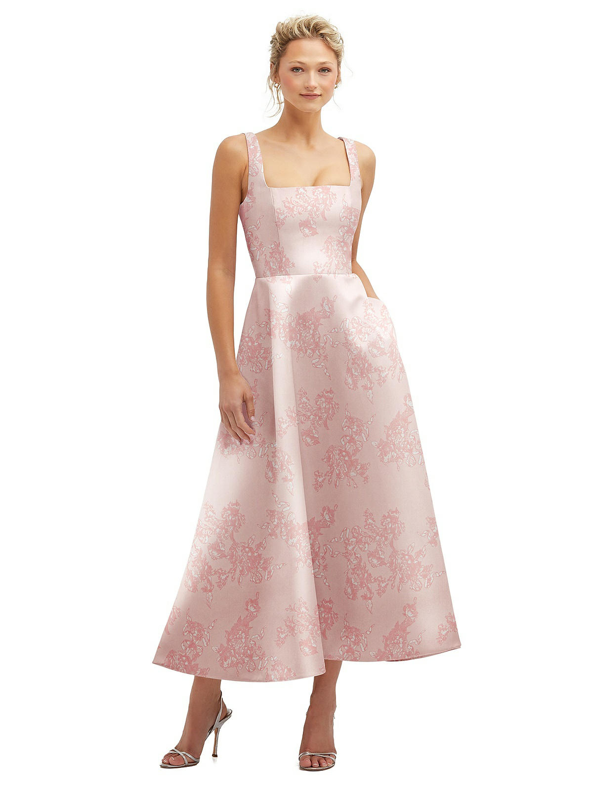 Floral Square Neck Satin Midi Bridesmaid Dress With Full Skirt ...