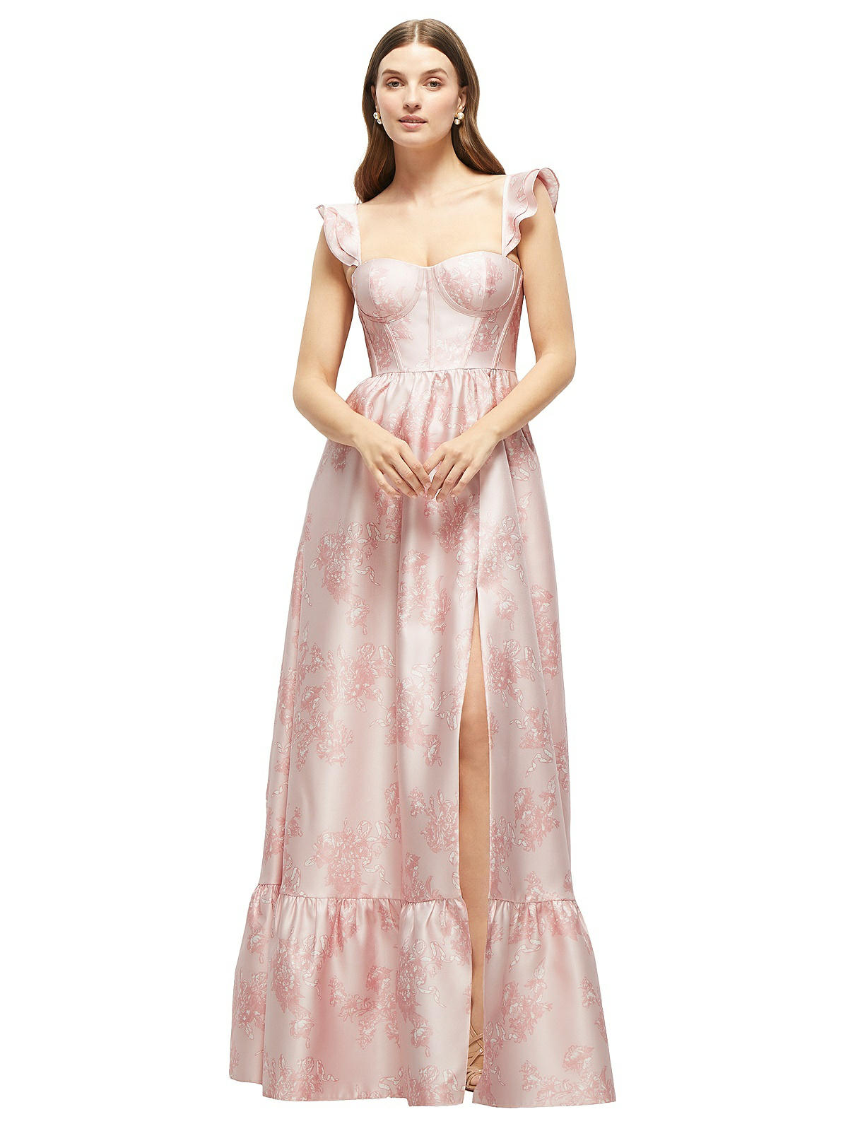 Floral Satin Corset Maxi Bridesmaid Dress With Ruffle Straps & Skirt In ...