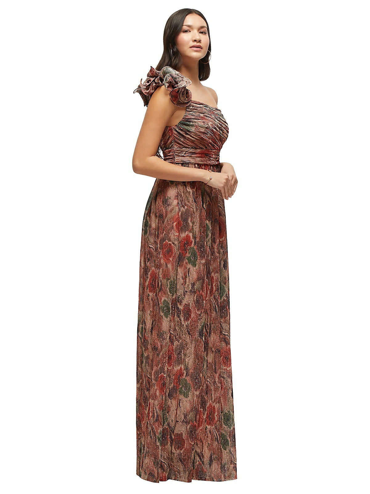Dramatic Ruffle Edge One-shoulder Fall Foral pleated Metallic Maxi ...