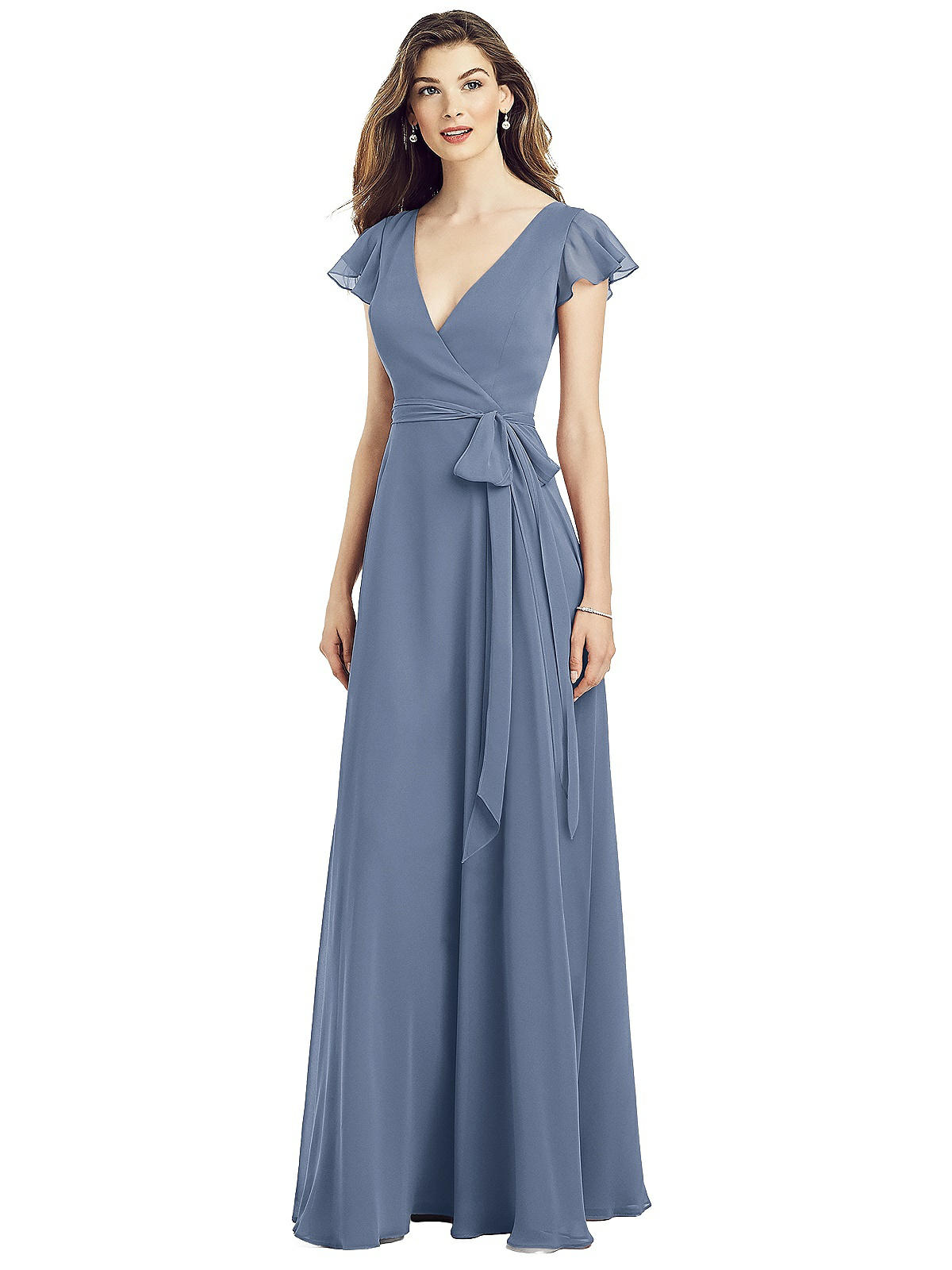 Flutter Sleeve Faux Wrap Chiffon Bridesmaid Dress In Larkspur Blue ...