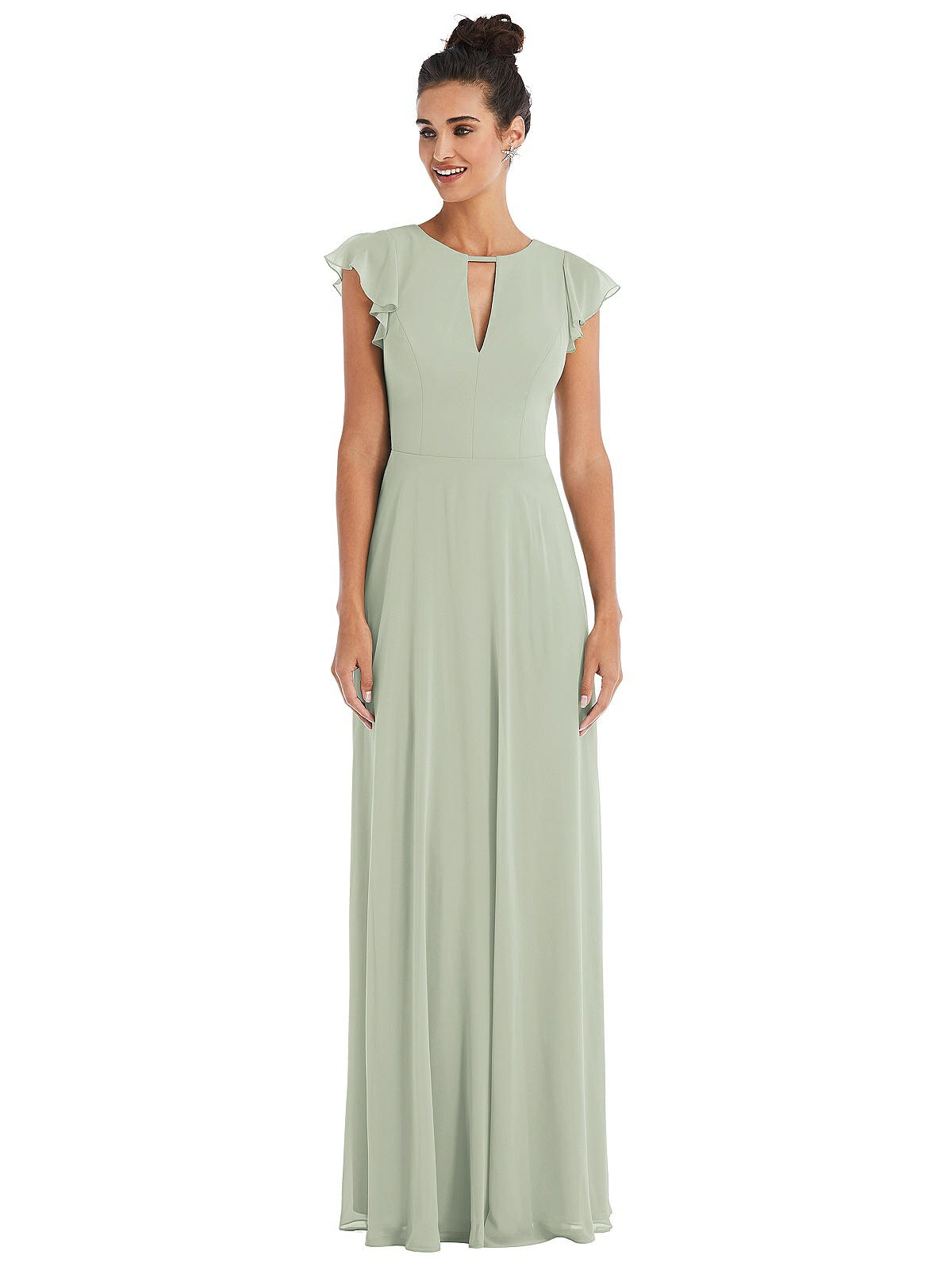 Flutter Sleeve V-keyhole Chiffon Maxi Bridesmaid Dress In Celadon | The ...