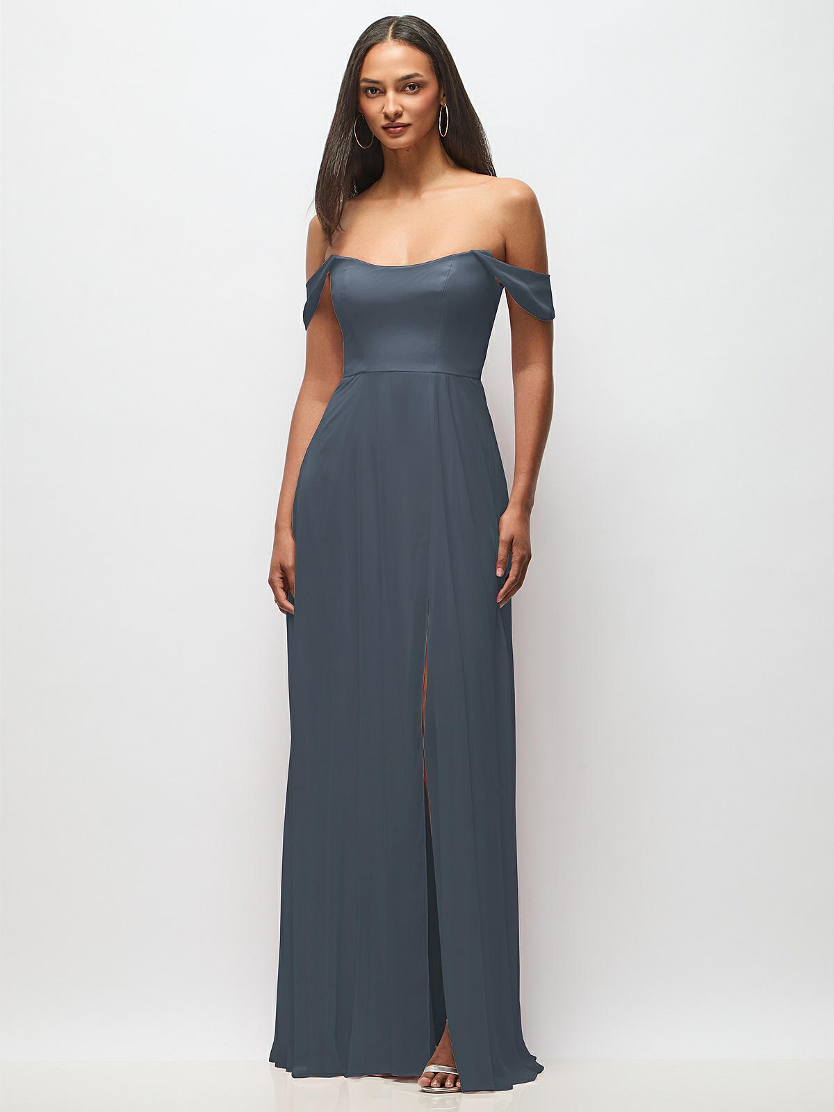 Off-the-shoulder Basque Neck Maxi Bridesmaid Dress With Flounce Sleeves ...