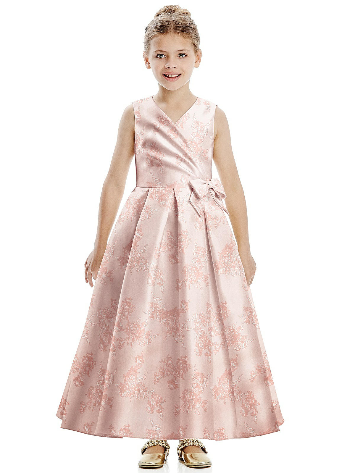 Floral Faux Wrap Pleated Skirt Satin Flower Girl Dress With Bow In Bow ...