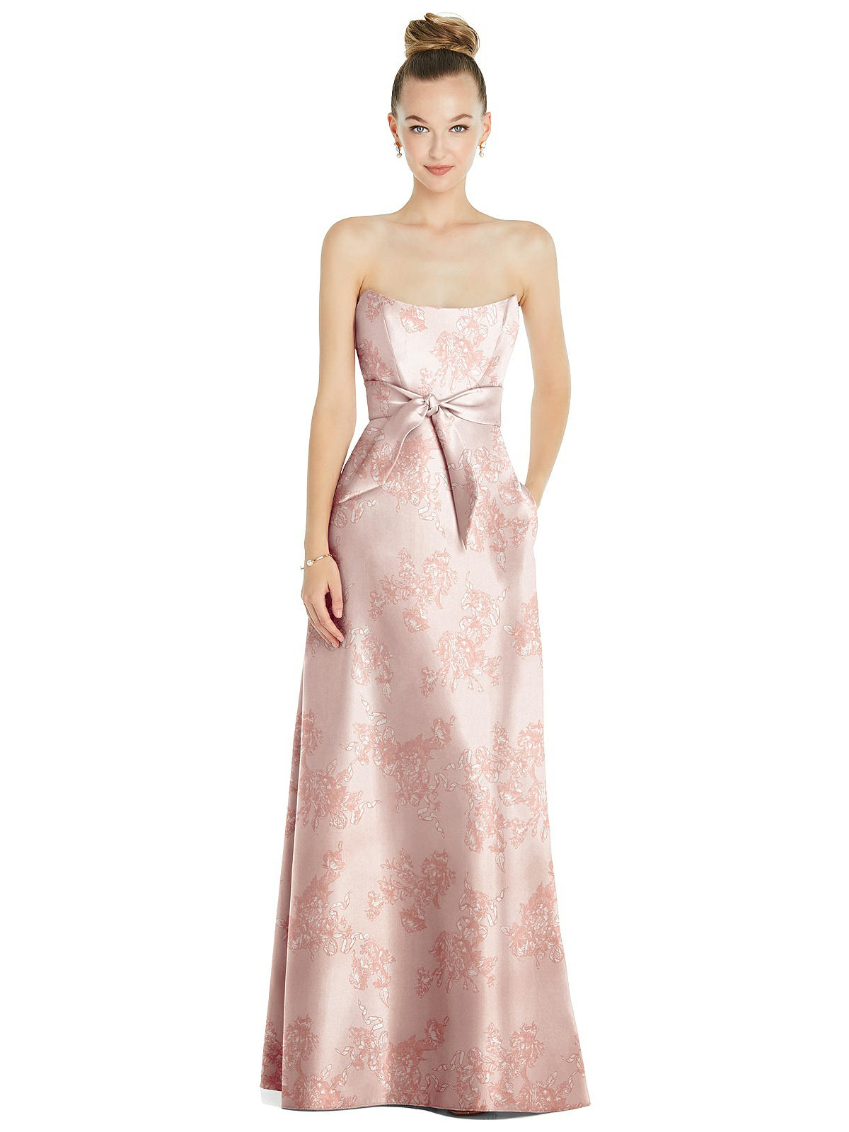 Basque-neck Strapless Floral Satin Bridesmaid Dress With Mini Sash In ...
