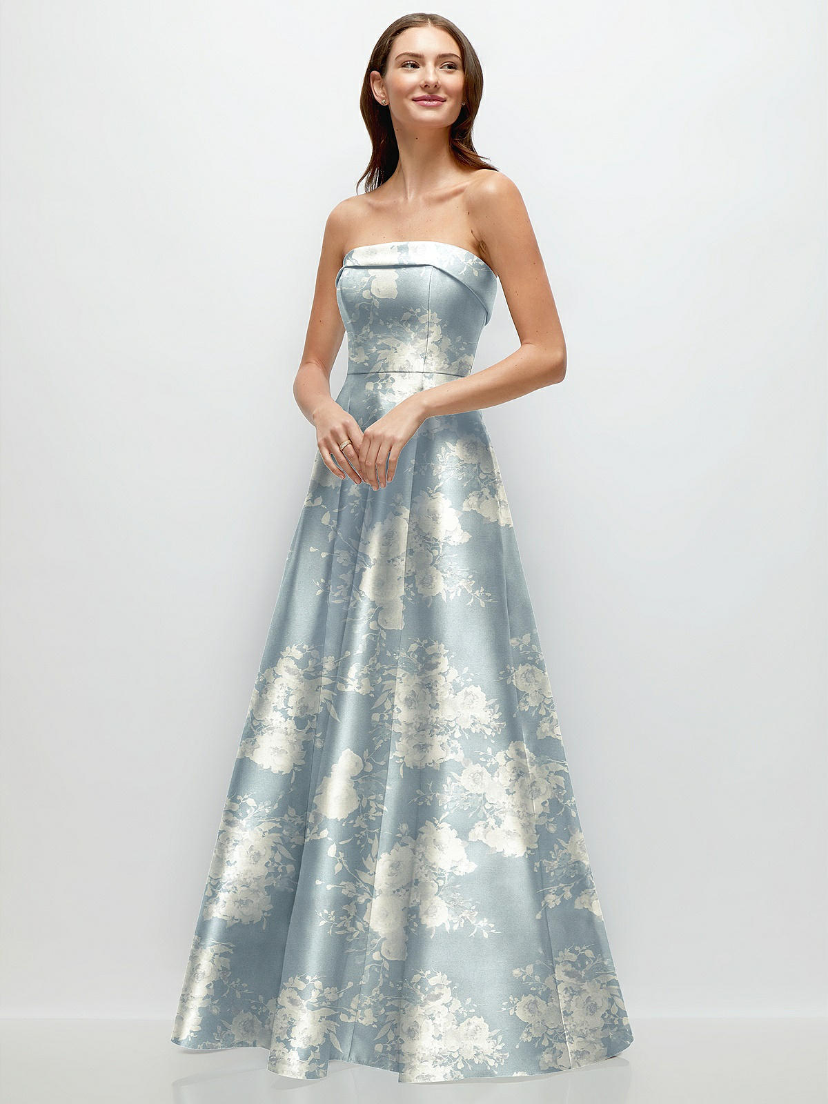 Strapless Bias Cuff Bodice Floral Satin Bridesmaid Dress With Pockets ...