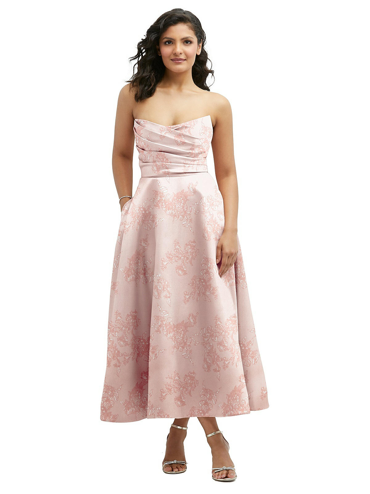 Draped Bodice Strapless Floral Midi Bridesmaid Dress With Full Circle ...
