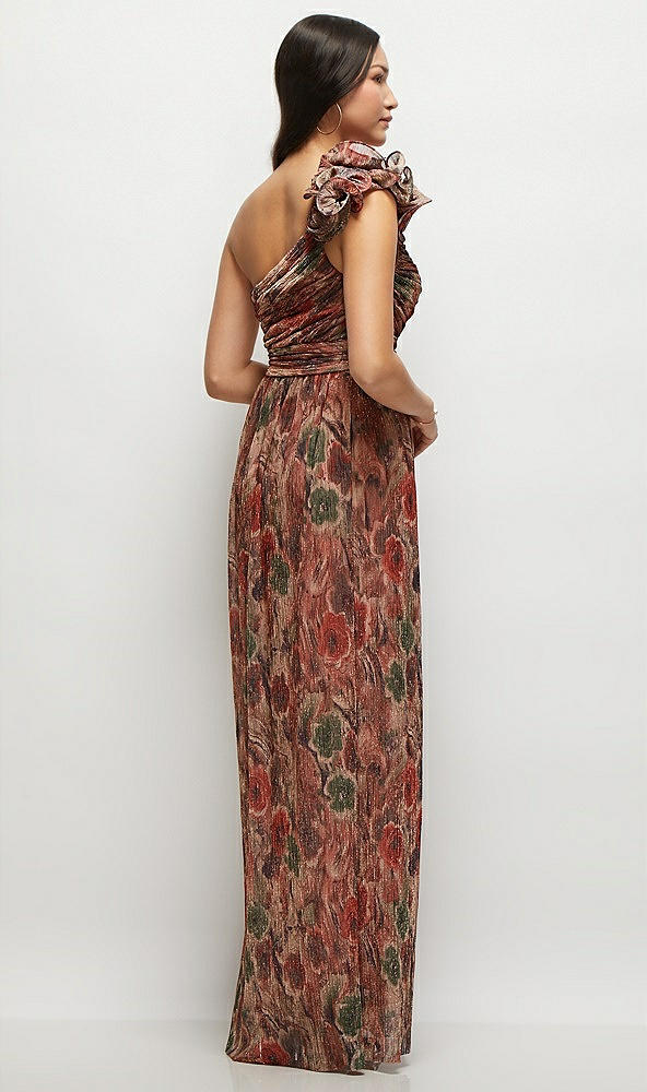 Dramatic Ruffle Edge One-shoulder Fall Foral pleated Metallic Maxi ...