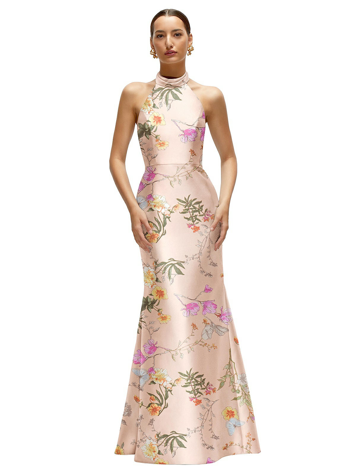 High-neck Halter Open-back Floral Satin Trumpet Bridesmaid Dress In ...