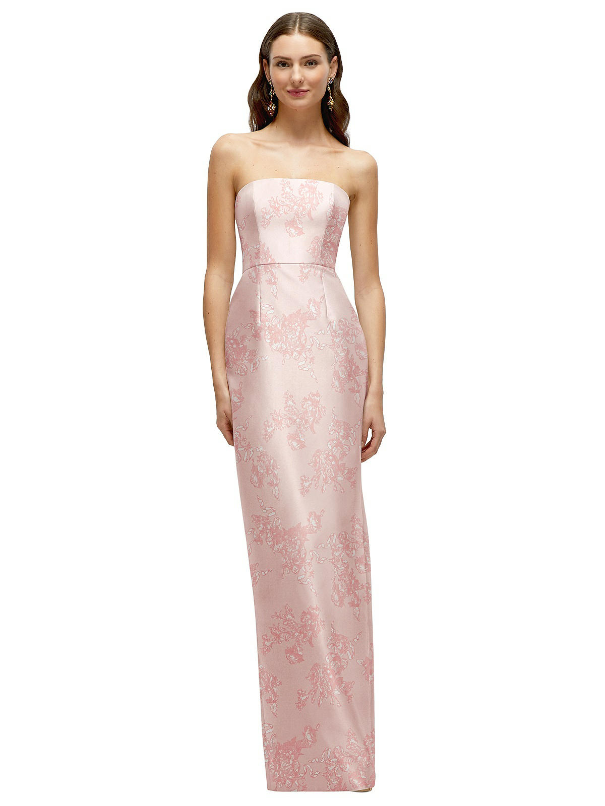 Strapless Floral Satin Column Bridesmaid Dress With Back Slit In Bow ...