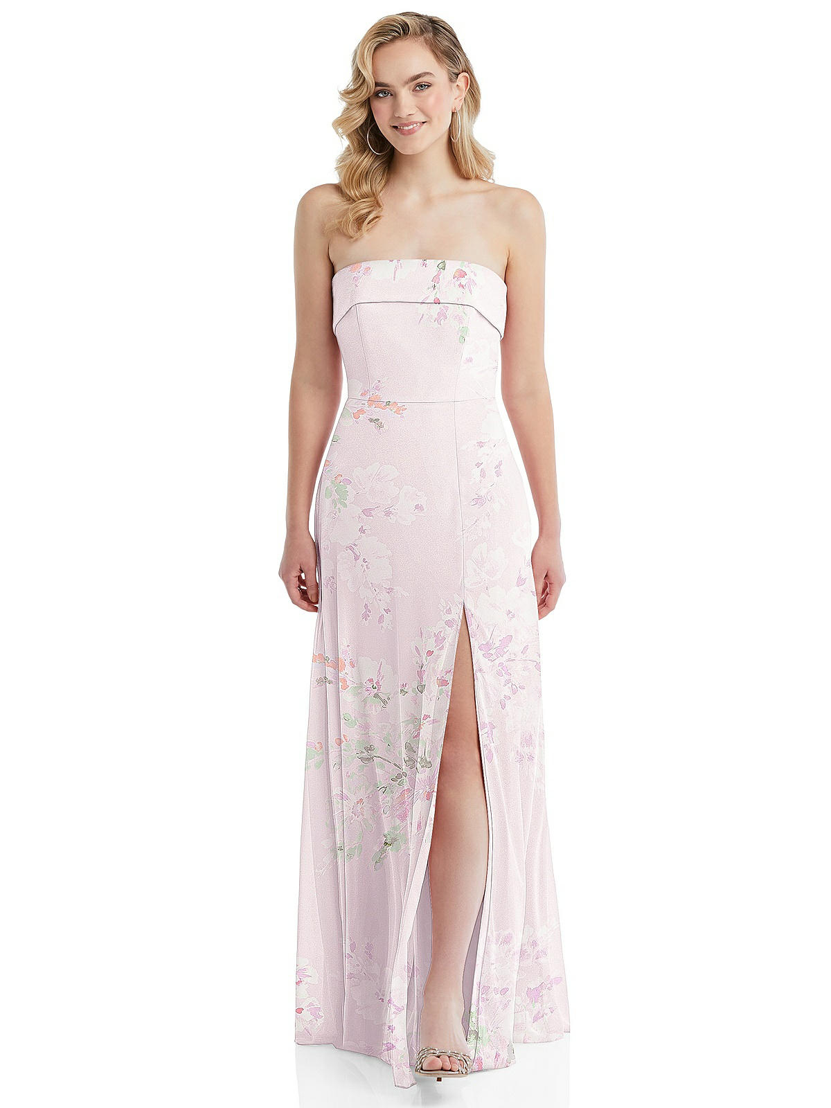 Cuffed Strapless Maxi Bridesmaid Dress With Front Slit In Watercolor ...