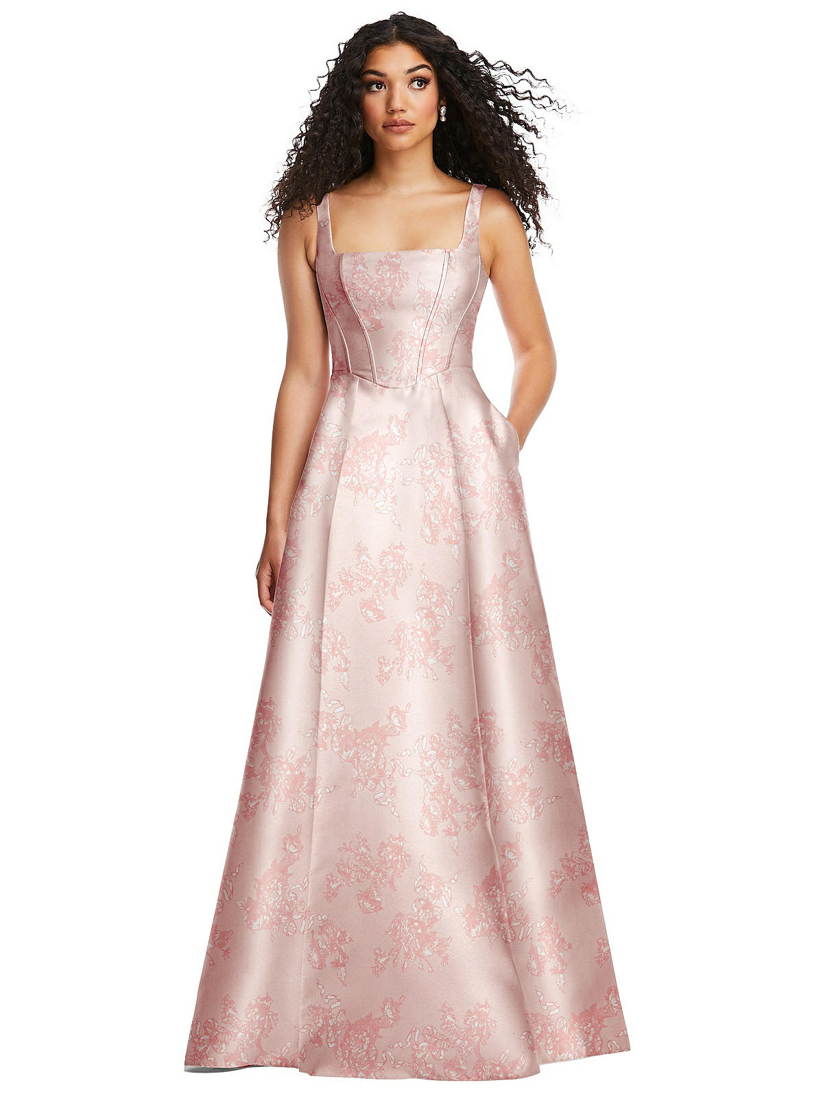 Boned Corset Closed-back Floral Satin Bridesmaid Dress With Full Skirt ...